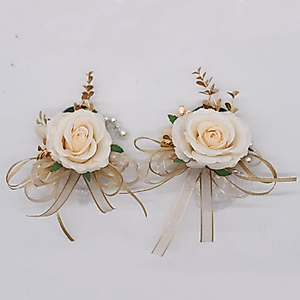 YOKOKE 2 Corsages, Handmade Artificial Peony Rose Wrist Corsage Wristlet Wedding Prom Suit Decorations (2 Gold Wrist Corsage)