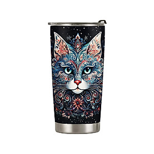 20oz Cute Beautiful Flower Cat Tumbler, Gifts for Cat Lovers, Coffee Thermos for Women, Stainless Steel Double Wall Vacuum Insulated Coffee Mug, Travel Cup with Lid