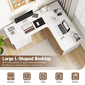 Tangkula L-Shaped Desk with 2 Storage Drawers, 59” Corner Computer Desk with File Drawer & Open Shelf, Computer Workstation with 2 Cable Management Holes, Space-Saving Executive Office Desk (White)