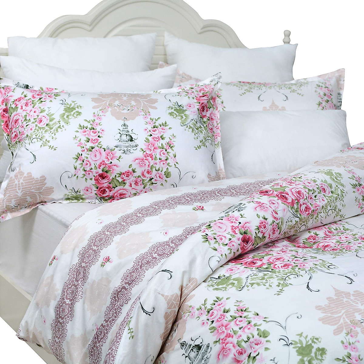 FADFAY 7Pcs Shabby Rose Floral Duvet Cover Sheets Set Queen Size, 1 Duvet Cover+1 Flat Sheet+1 Fitted Sheet+ 4 Standard Size Shams