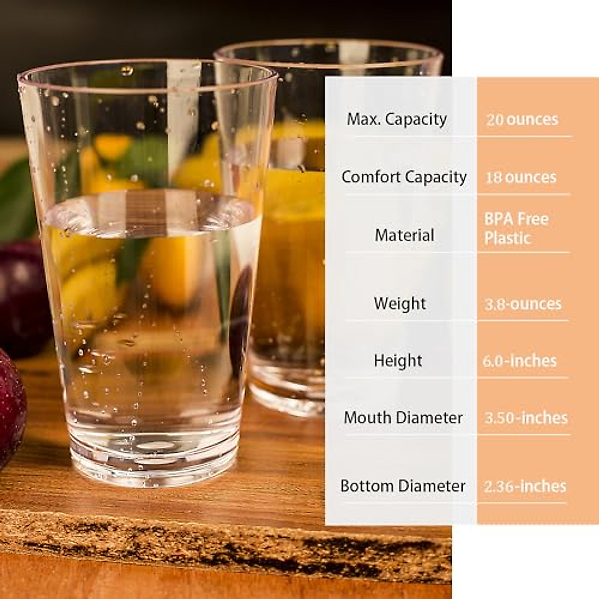 AOYITE 18-ounce Plastic Tumblers Water Juice Cups Dishwasher Safe BPA-free Clear Set of 6 Premium Quality Drinking Glasses