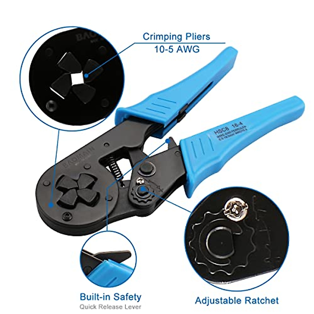 Baomain Crimper Plier HSC8 16-4 Mini Self-adjustable Crimping Tools Use for 6.0-16.0 mm² (10-5 AWG) Square Ferrule Wire Cable End-sleeves Blue