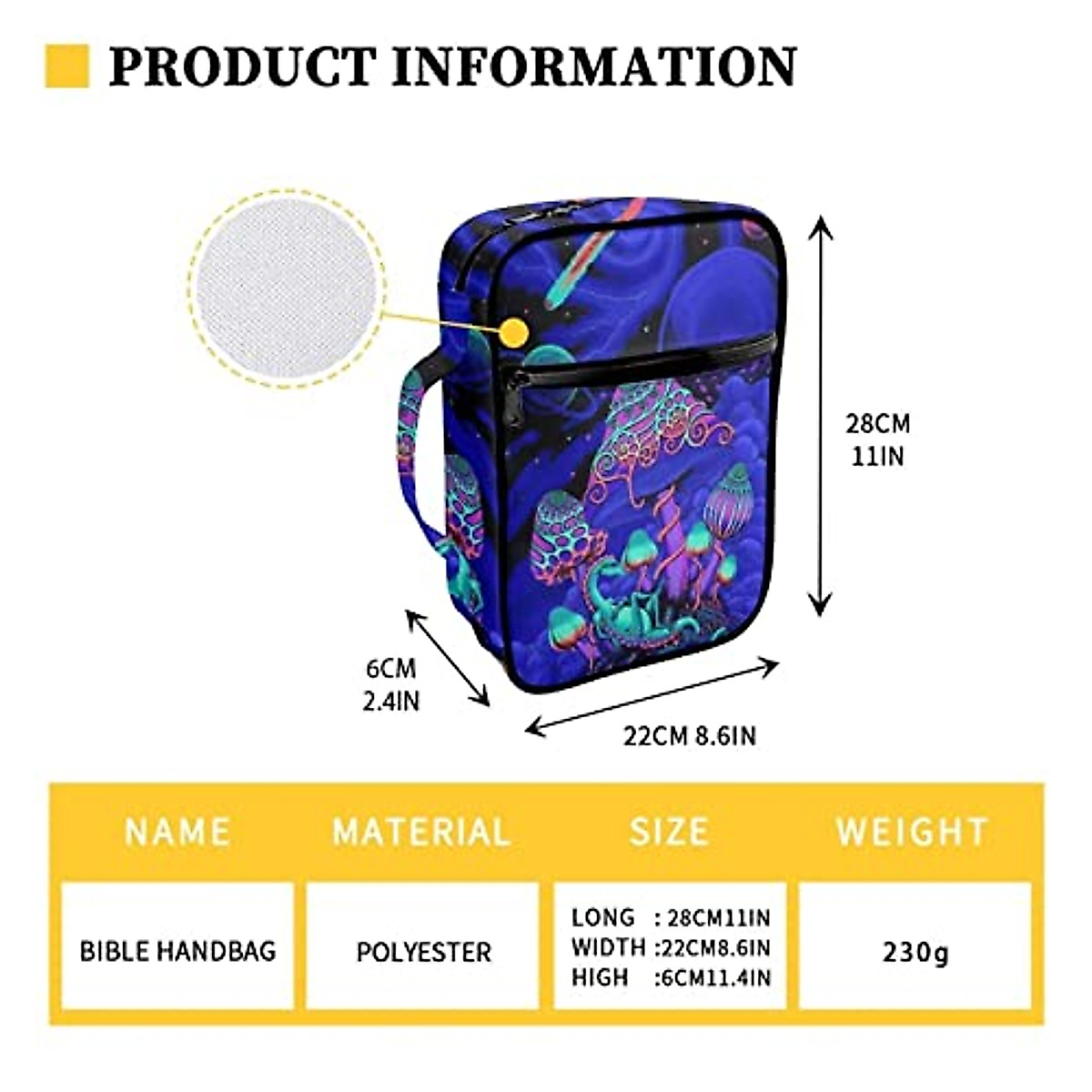 Gomyblomy Psychedelic Mushroom Pattern Bible cover, Scripture Tote with Handle, Zipper & Pocket, Standard Size Bible Book for Women, Girls & Children