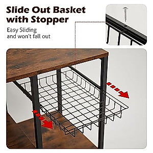 Leesingdo Kitchen Bakers Rack with Power Outlet, Microwave Stand, Coffee Bar Kitchen Storage Rack with Wire Basket, 6 Hooks, Kitchen Shelves for Spices, Pots, and Pans, Rustic Brown