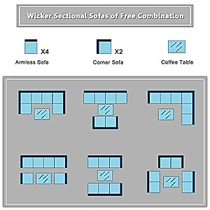 HAPPYGRILL 7-Pieces Patio Furniture Set Outdoor Rattan Wicker Sectional Sofa Set with Cushions & Pillows & Coffee Table for Garden Lawn