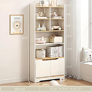 IOTXY Wooden Shelf Bookcase with Doors - 5-Tier Bookshelf with Storage Cabinet, Free Standing Display Rack, for Home Office, Living Room, Bedroom, White