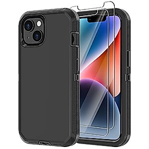 Annymall for iPhone 14 Case with 2 Screen Protector, Heavy Duty Shockproof Dropproof Dust Proof Full Body Rugged 3-Layer Military Tough Durable Protective Cover for Apple iPhone 14 6.1" (Black)