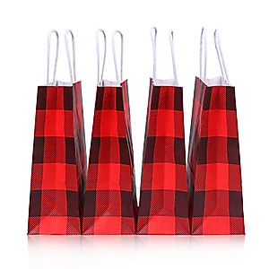 Cooraby 20 Pieces Red and Black Plaid Paper Party Bags Gift Bag Christmas Bag Birthday Kraft Party Bags with Handle for Wedding and Party Celebrations