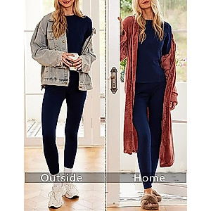 Ekouaer Thermal Underwear for Women Fleece Lined 2 PCS Long Johns Slim fit Top & Bottom Base Layer Navy Blue M