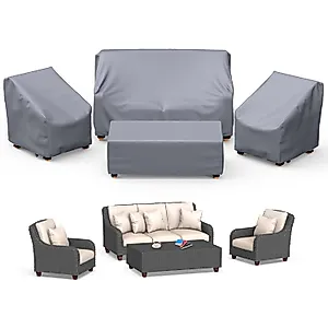 Mrrihand Patio Furniture Covers, 4 Piece Outdoor Furniture Cover Waterproof includ Ourdoor Sofa Cover, 2 Chair Covers, Coffee Table Cover with Windproof Buckle Strap and Adjustable Drawstring