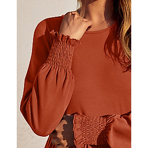 ZESICA Women's 2024 Fall Long Sleeve Dress Crewneck Casual Loose Pleated Tiered Swing Midi Dresses with Pockets,Rust,Medium