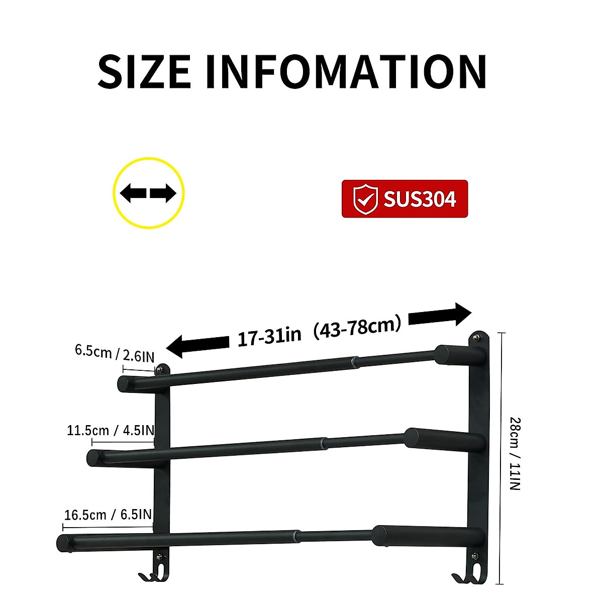 Stretchable 17-31 Inches 3-Tier Bath Towel Bar Bathroom Towel Rack Hooks Kitchen Hand Towel Holder Dish Cloths Hanger SUS304 Stainless Steel Wall Mounted No Drill Space Saving 3-Bar Matte Black