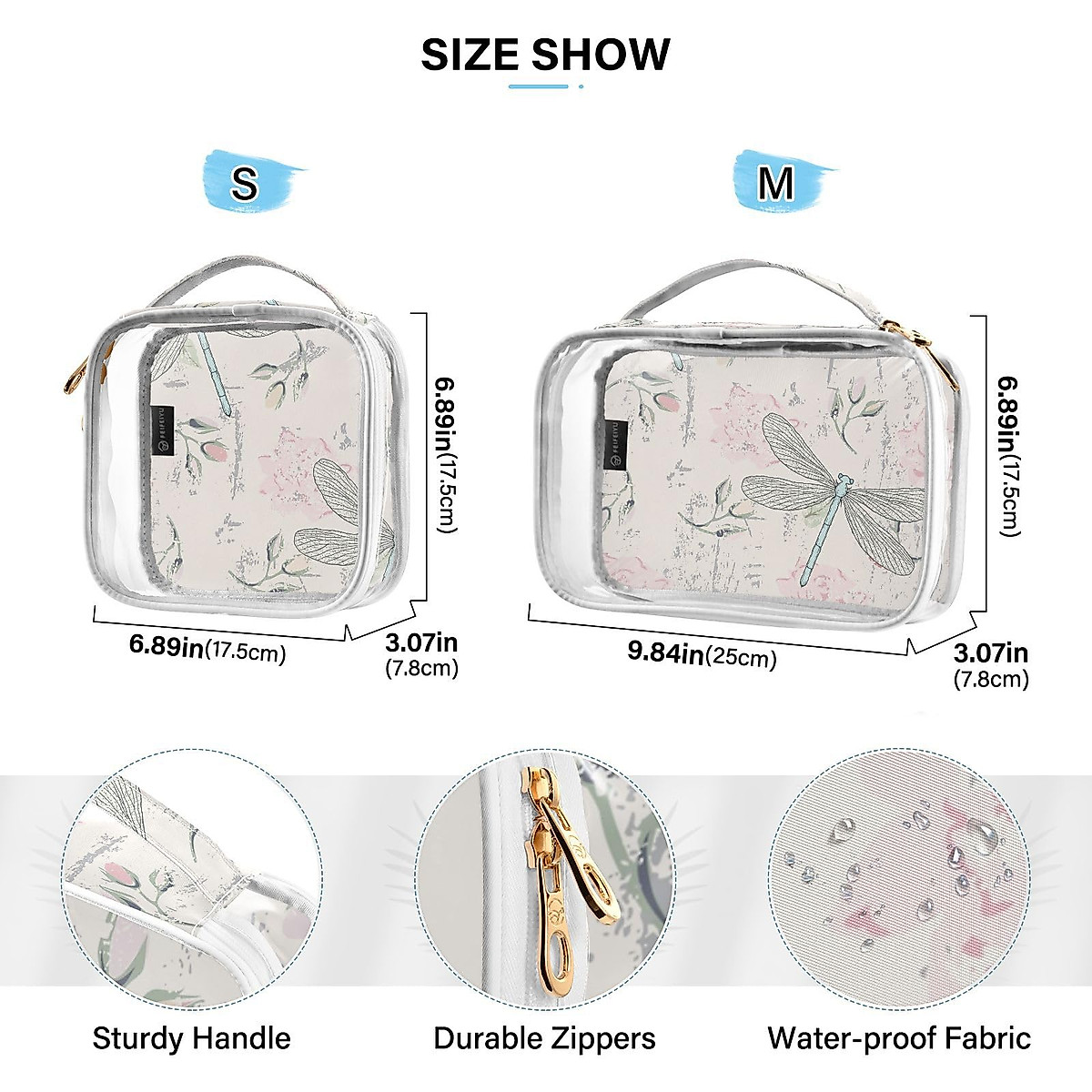 Roses Buds Dragonflies Clear Makeup Bag Waterproof Toiletry Bag Travel Bags Cosmetic Organizer Make Up Pouch for Toiletries Women Men Airplane Gym Travel Essentials 2 Packs