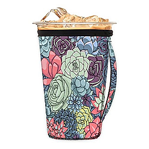 Tropical Succulent Iced Coffee Cup Sleeve with Handle for Cold Drinks Beverages Vintage Succulent Reusable Neoprene Cup Holder Insulator Sleeve 30-32oz