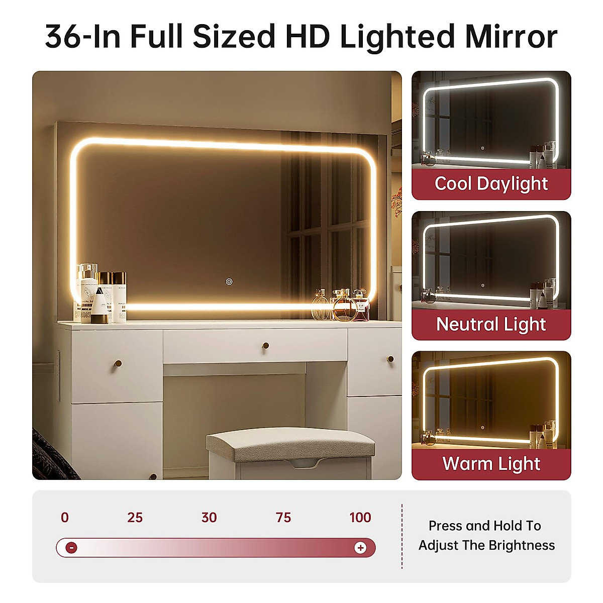 ClouDDwell Makeup Vanity Desk with Large Mirror and LED Lights, 3 Lighting Modes and Power Outlet. Makeup Vanity with 3 Drawers,2 Cabinets and Chair, Stool with Storage, for Bedroom, White, 1 Case