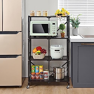 TOOLF Foldable 4-Tier Storage Shelving Unit with Lockable Wheels, Space-Saving Organizer Rack for Home and Office, Freestanding Metal Rack, 1 Piece, Black