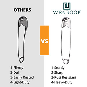 Wenrook Safety Pins Assorted 4-Size Pack of 150 - Strong Nickel Plated Steel, Rust Resistant, Heavy Duty Variety Pack, Perfect for Clothes, Crafts, Sewing, Pinning and More