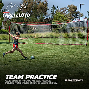 PowerNet Carli Lloyd Soccer Goal 24 x 8 | Regulation Goal Size | Portable Instant Net | Collapsible Metal Base | Quick Setup Easy Storage | 1 Goal+1 Wheeled Carrying Bag | Full Size