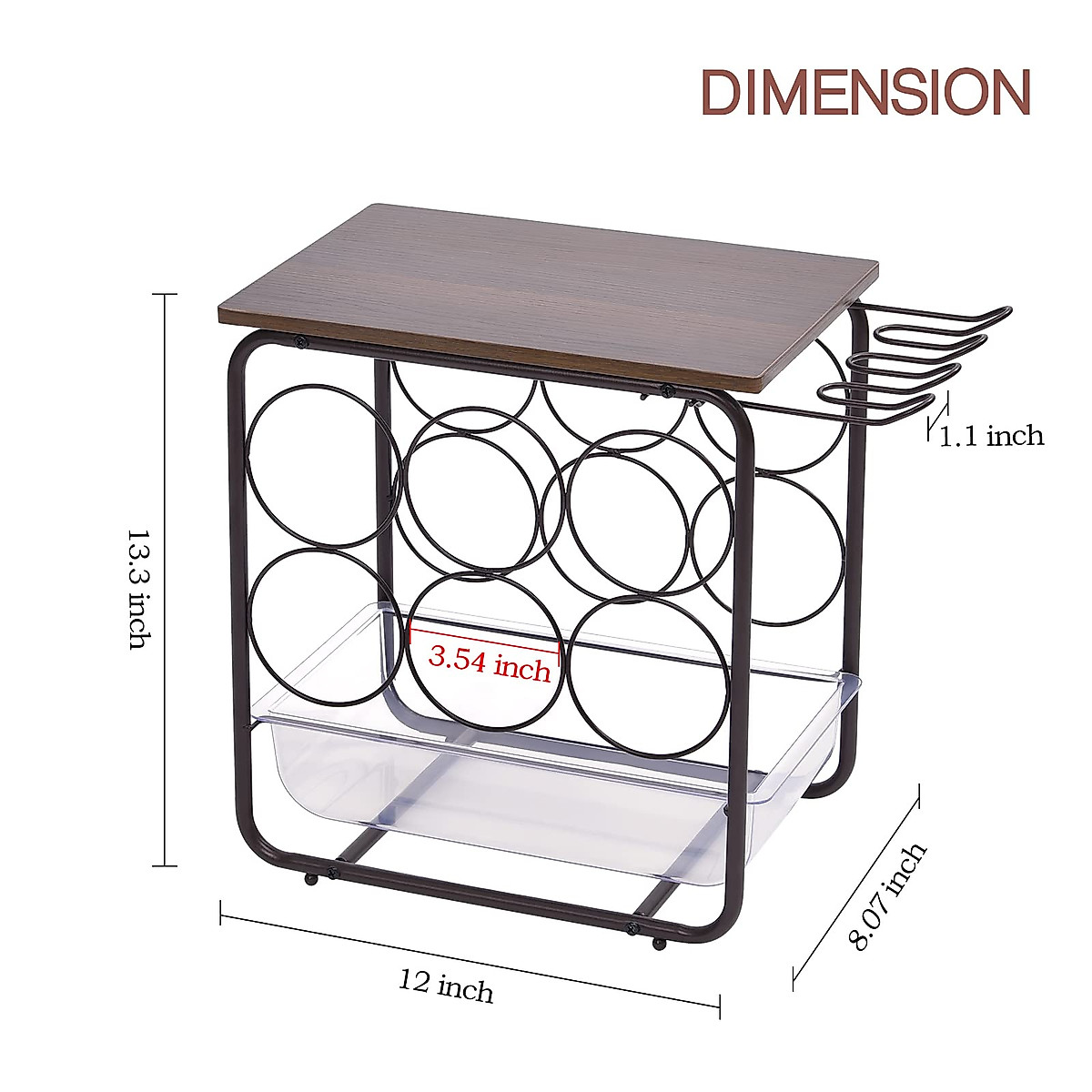 TOOLF 6 Bottle Wine Rack for Countertop, Metal Freestanding Wine Storage Holder with Cork Drawer, Wooden Tabletop Wine Bottle Holder with 2 Glasses Holder for Bar, Wine Cellar & Home Decor