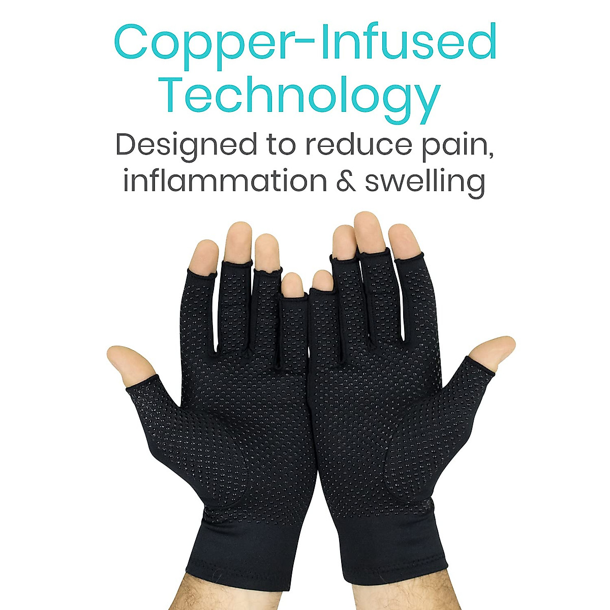 Vive Fingerless Arthritis Gloves for Men & Women Made w/Copper Infused Fabric - Therapeutic Compression for Swelling, Carpal Tunnel, Tendonitis, Edema, & Finger Pain - Comfortable Non-Slip (Large)