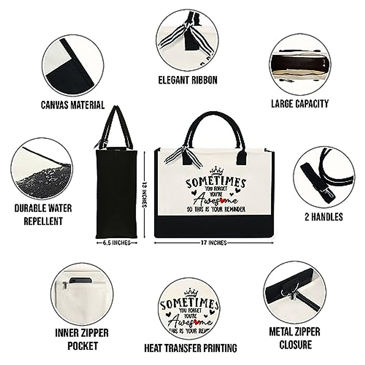 OASSIE Tote Bag With Zipper - Gifts For Women, Birthday, Christmas, Wife, Mom, Nana, Grandma, Thank You, Teacher - 13oz Canvas