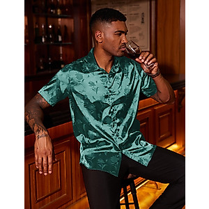 COOFANDY Men's Jacquard Satin Button Down Shirts Short Sleeve Silk Shirts Casual Summer Beach Shirt Green Large