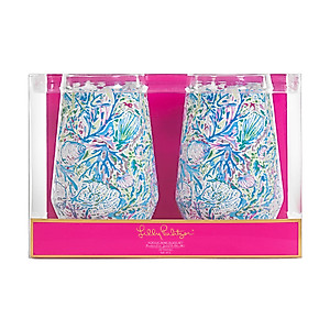 Lilly Pulitzer Stemless Wine Glass Set of 2, Large Acrylic Wine Glasses, 22 Ounce Plastic Cocktail Cups for Indoor/Outdoor, Soleil It On Me