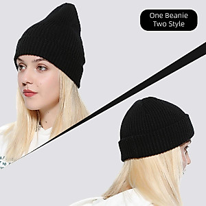 zowya Fisherman Beanie or Regular Cuff Knit Beanie for Men & Women Warm 2 in 1 Rib Watch Cap Gift Skull Cap Winter Ski Hat for Daily, 1 Hat 2 Style (Black)