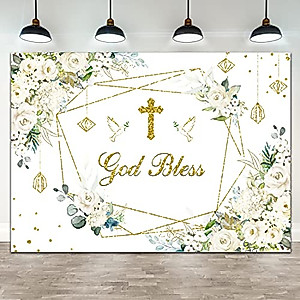 Wollmix 1st First Communion Baptism Decorations Backdrop 7x5ft God Bless Holy Communion Banner Christening Gold Dots White Florals Photography Background Baby Shower Banner Photo Booth Props