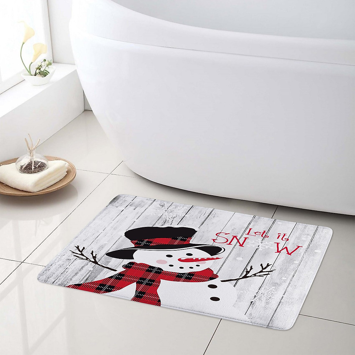 LB Winter Snowman Bath Mat Red and Black Plaid White Snowflake Area Rug for Bathroom Grey Rustic Wood Plank Doormat Non Slip Memory Foam Super Absorbent Floor Mats,24Wx16H Inch
