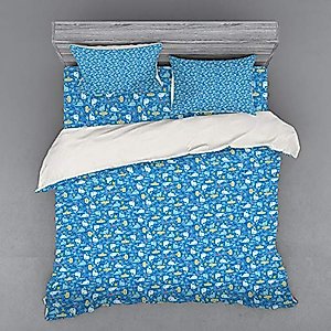 Ambesonne Yellow Submarine Duvet Cover Set, Sharks Whales and Fishes with Submarine Pattern Cartoon, 3 Piece Bedding Set with Sham and Fitted Sheet, King Size, Multicolor