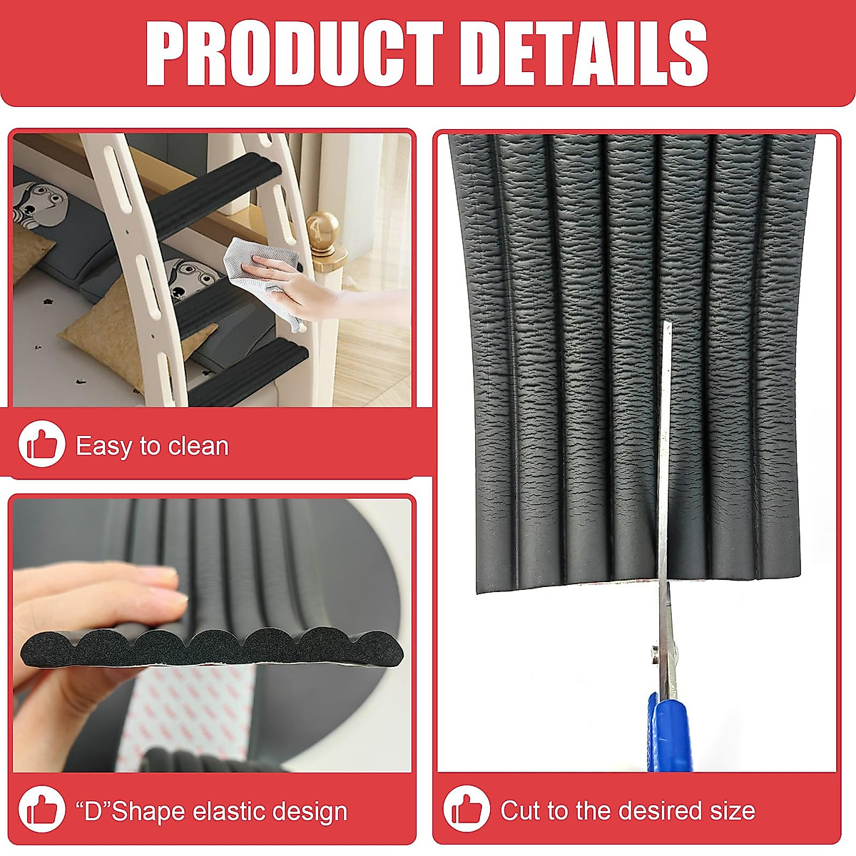 FMOACEN 6.6 FT Black Bunk Bed Ladder Pads PVC Soft Corner Protectors with Strong Adhesive, Stair Steps Cover for Foot Comfort
