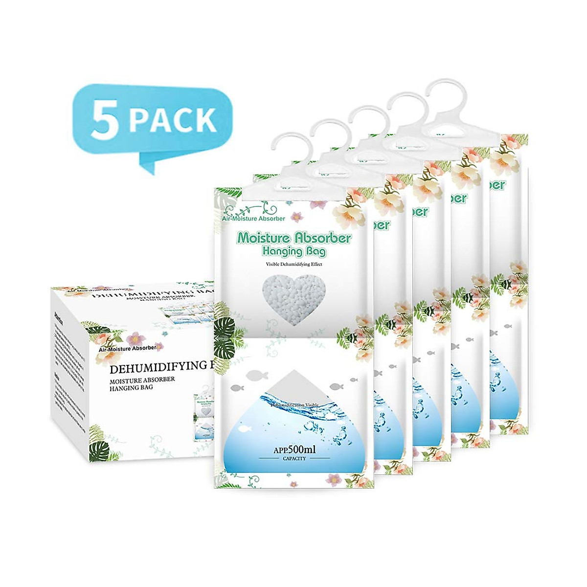 CANAGER Hanging Moisture Absorber,Hanging Dehumidifier Bags for Closet,Bedroom and Kitchen,Fragrance Free-5 Packs,Moisture Absorb 12.5OZ