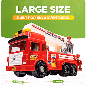 FUNERICA Large Fire Truck Toy with Lights and Sounds - Doors That Open - Big Folding Ladder - 7 Toy Figures and Firemen - Red Firetruck Engine for Toddlers and Kids