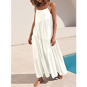 ANRABESS Women’s Summer Casual Loose Sleeveless Spaghetti Strap Tiered Asymmetric Beach Maxi Long Dress 523bai-L White