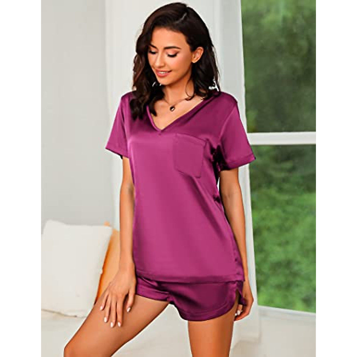 Litherday Satin Pajamas Two Piece Pj Sets Casual V Neck Short Sleeve Silk Tops and Shorts Sleepwear Silky Pjs Gift for Women Dark Purple X-Large