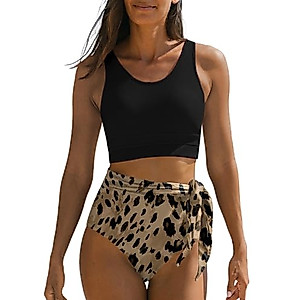 Dokotoo Womens Summer Bikini Fashion Leopard Print Scoop Neck Cutout 2025 Racerback 2 Piece Swimsuit Tie Knot Tummy Control High Waisted Bathing Suits Multicolored Medium