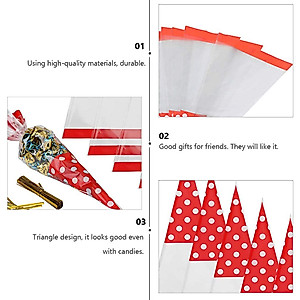 FARUTA 100pcs Clear Cello Treat Bags Cone Shaped Polka Dot Popcorn Bags Triangle Treat Bags OPP Plastic Bags for Gift Wrapping Bakery Cookie Dessert Packaging Red
