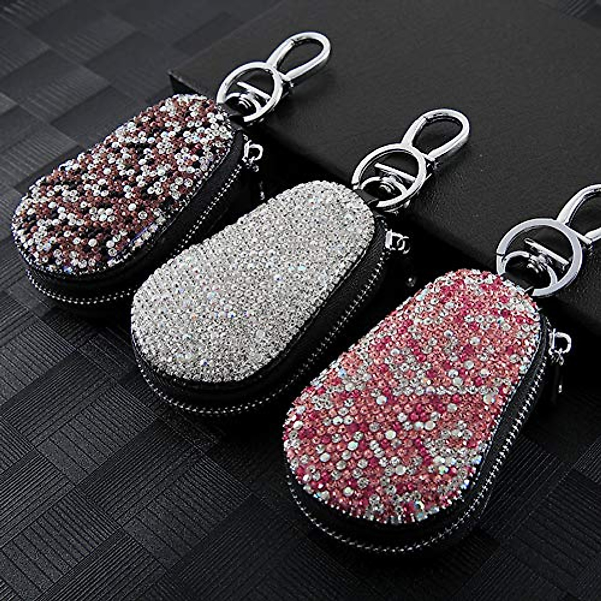 ihreesy Glitter Car Key Cover,Multifunctional Leather Key Case Glitter Rhinestone Key Bling Key Case with Zipper and Carabiner,White