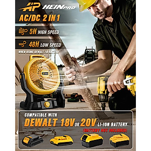 HEINPRO Battery Operated Fan for Dewalt 20V Max Battery with AC Adapter, Up to 650 CFM Portable Fan, Variable Speed Battery Powered Fan Low Noise 30dB Cordless Fan, Jobsite Camping Fan (Only Tool)