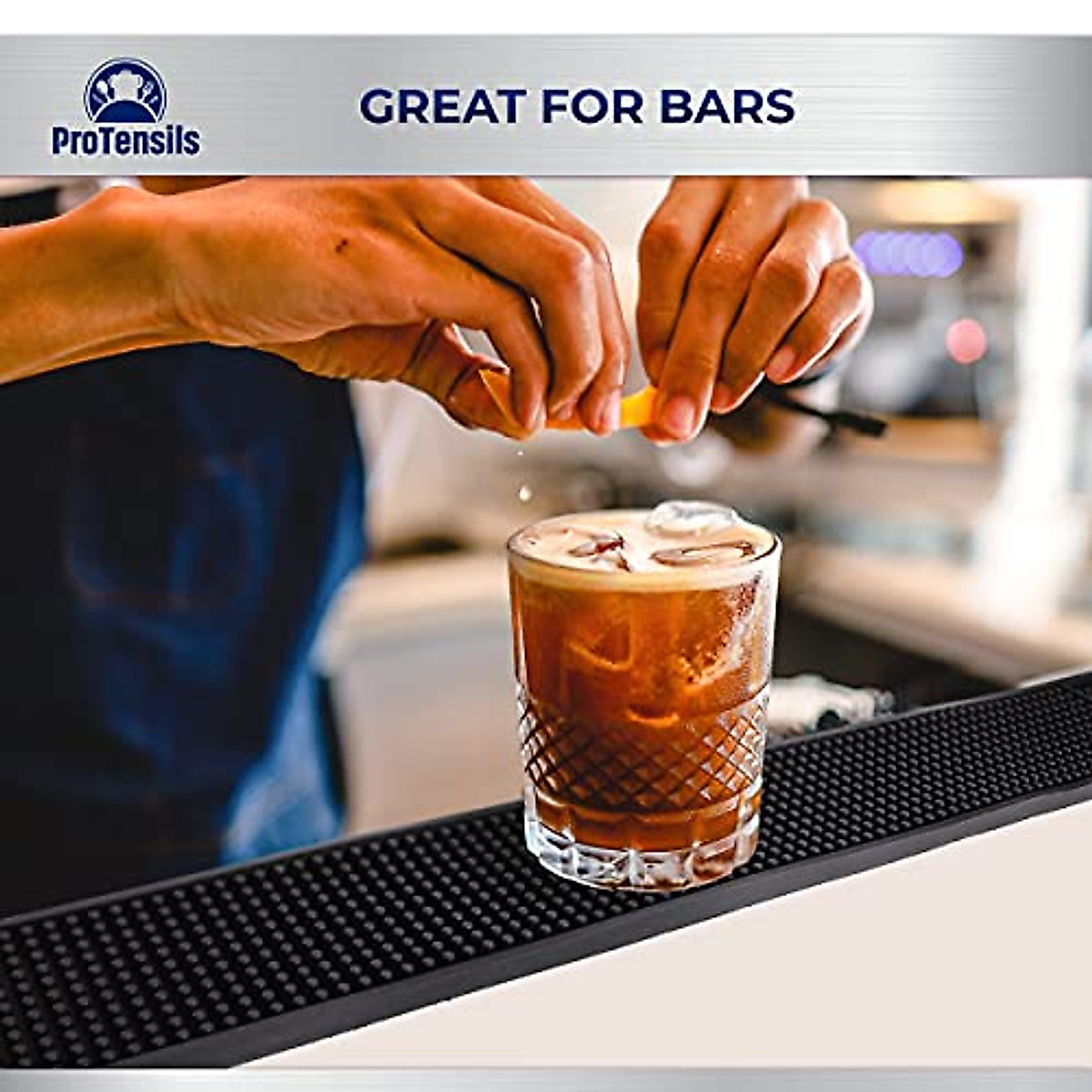 ProTensils Rail Bar Mat 23" x 3.25" Black Rubber Bar Mats, Bar Service Spill Mats for Counter-Top (2 Pack)