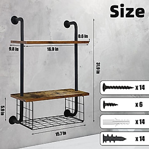GILPWA 2-Tier Bathroom Shelves Wall Mounted, Floating Shelving Retro Pipe Shelf with Basket, Easy Assemble Industrial Pipe Shelving, Anti-Rust Wall Shelves for Living Room, Kitchen 31.9 * 16.9 inch