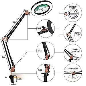 LANCOSC Magnifying Glass with Light and Stand, 5X 5 Inches Real Glass Lens, 3 Color Modes Stepless Dimmable LED Desk Lamp, Adjustable Arm Lighted Magnifier Light for Reading Repair Crafts - Black Gold