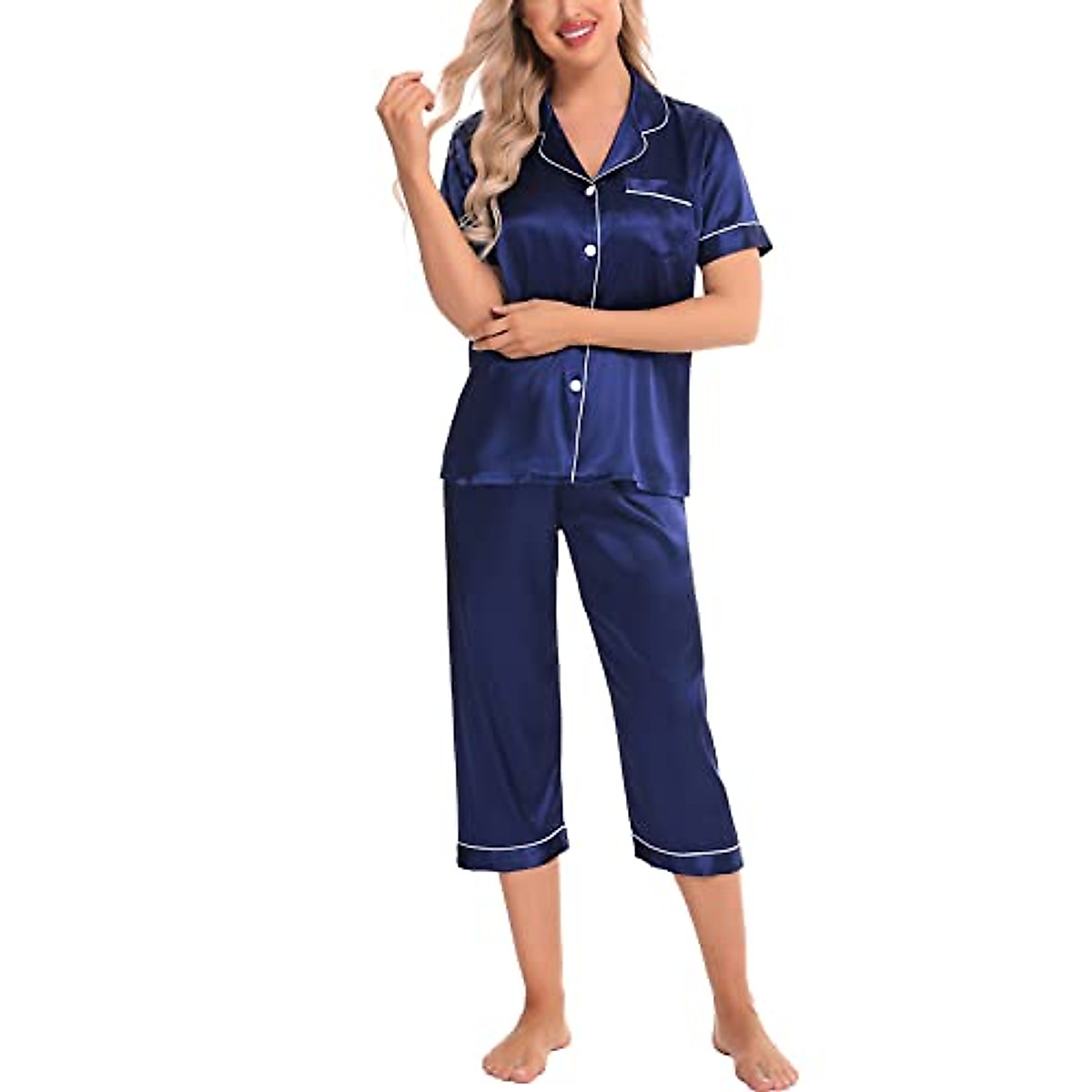 SWOMOG Satin Pajama Set Women Silk Pjs Set Short Sleeve 2 Piece Button Down Sleepwear Lounge Sets Navy Blue