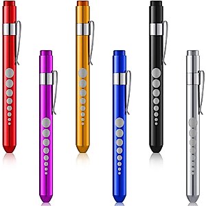 Mudder 6 Pieces Pen Light Included Batteries Reusable LED Penlight Pupil Gauge Warm Light Pen Reusable Penlights for Home Care Daily Care, (Black, Red, Blue, Purple, Gold and Silver)