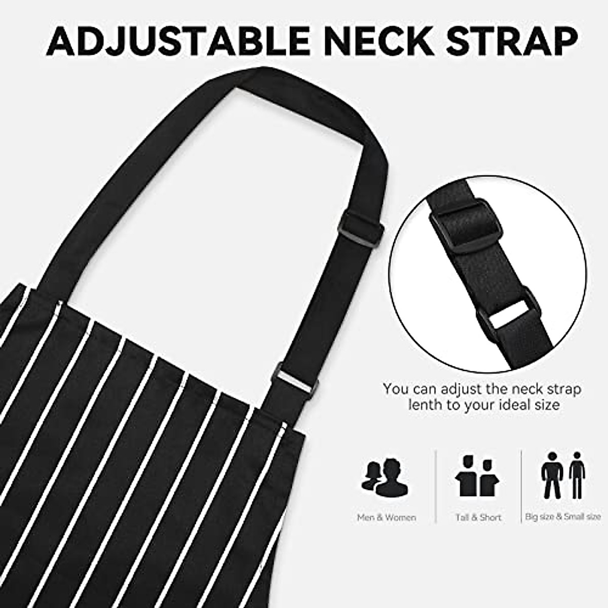 Riqiaqia 2 Pack Kitchen Cooking Aprons, Soft Cotton Apron with 2 Pockets for Women Men Chef (Black Stripes,2)
