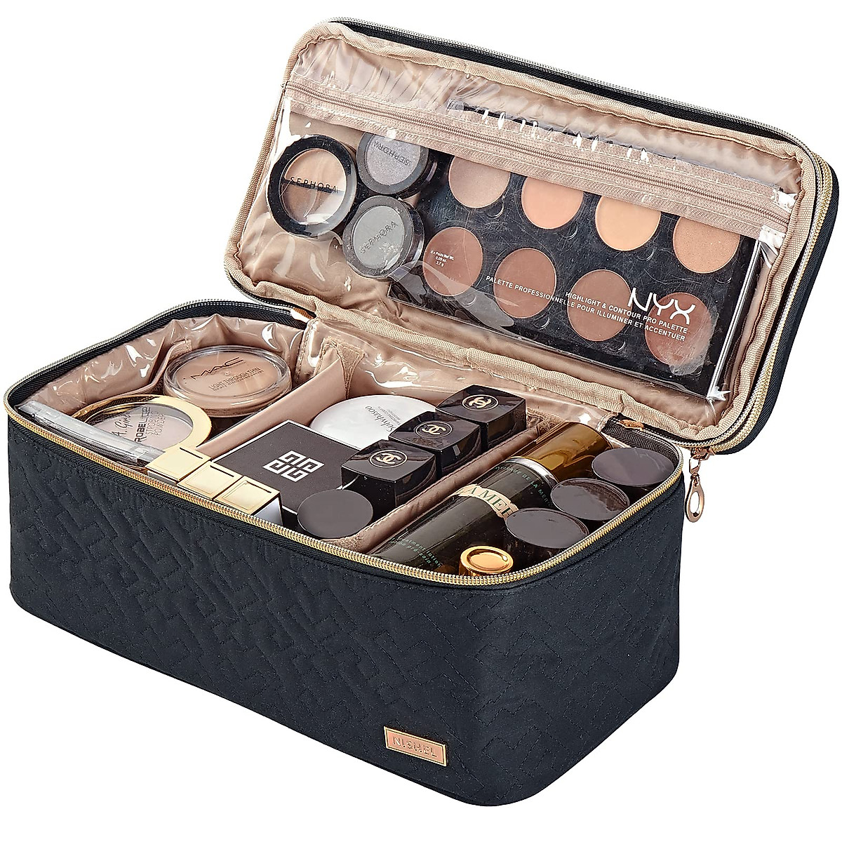 NISHEL Double Layer Makeup Bag Large Travel Cosmetic Case, Makeup Organizer for Lots of Brushes, Portable Toiletry Bag for Women and Girls, Black