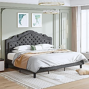 WEEWAY King Bed Frame with Tiara Curved Headboard and High Resilience, Linen Fabric Upholstered Diamond Button Tufted Platform Bed with Wood Slats/No Box Spring Needed/Easy Assembly/Dark Grey