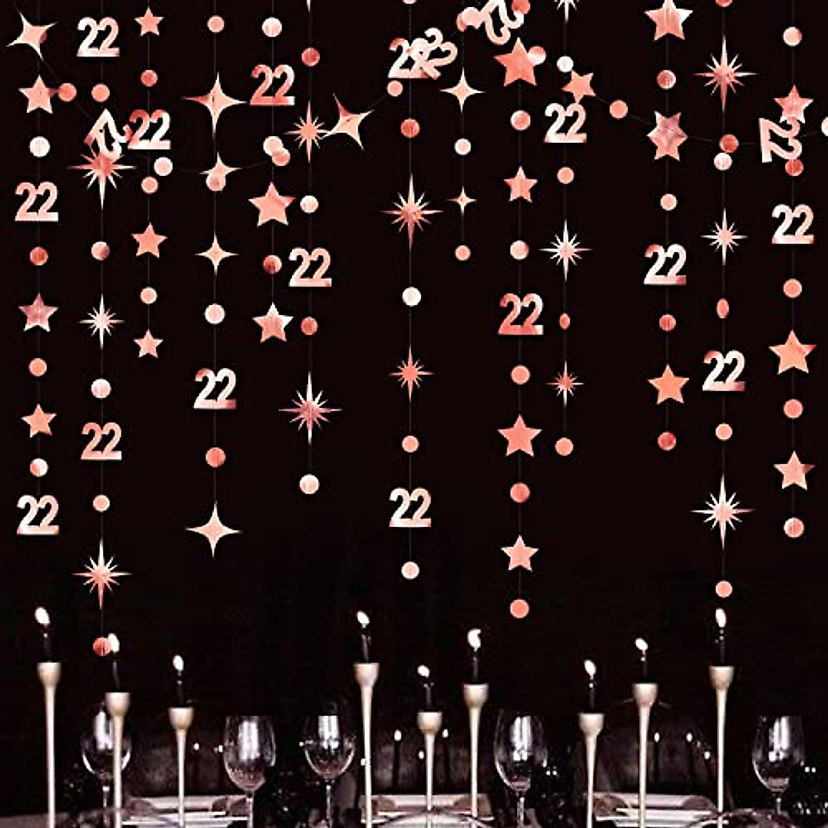 Rose Gold 22nd Birthday Decorations Number 22 Circle Dot Star Garland Streamer Bunting Banner Backdrop for Womens Feeling 22 Twenty Two Year Old Birthday Happy 22th Anniversary Party Supplies