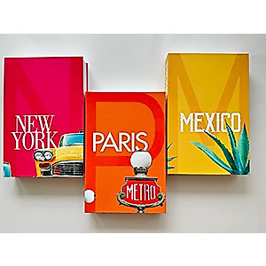 InspireMe Decorative Books for Home Decor, Faux Book Storage Box, Travel Table Books - Paris, New York, Mexico - Set of 3